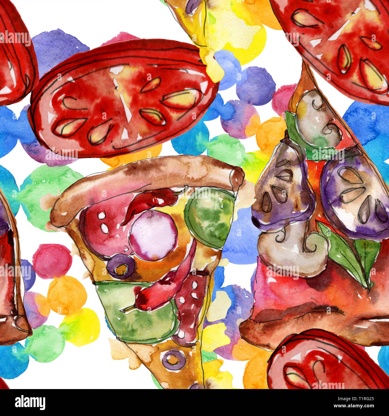 Fast food itallian pizza in a watercolor style isolated set ...