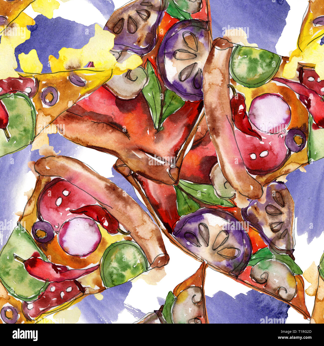Fast food itallian pizza in a watercolor style isolated set ...