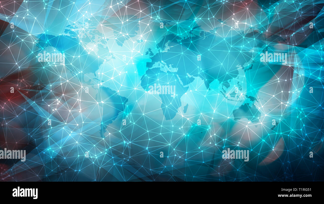 Machine learning digital world dots and wires connected on world map ...