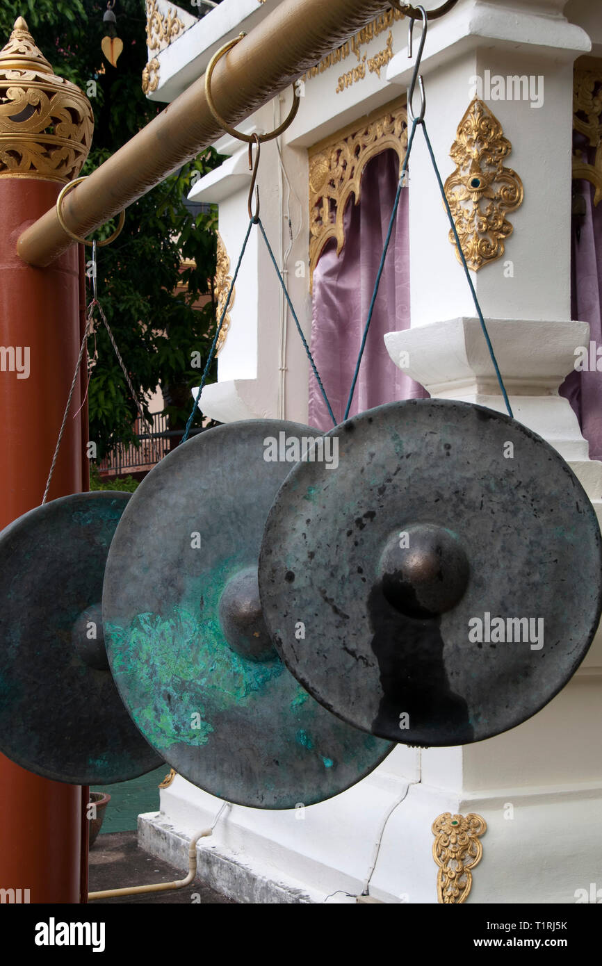 Chiang Mai Thailand, metal gongs suspended from wooden frame Stock ...