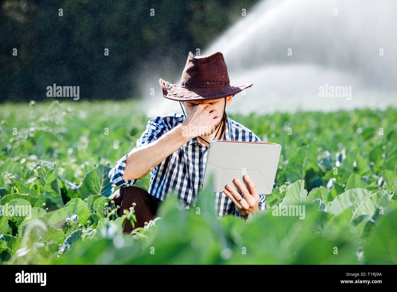 Farmer using digital tablet computer on sprinkler system background. A ...