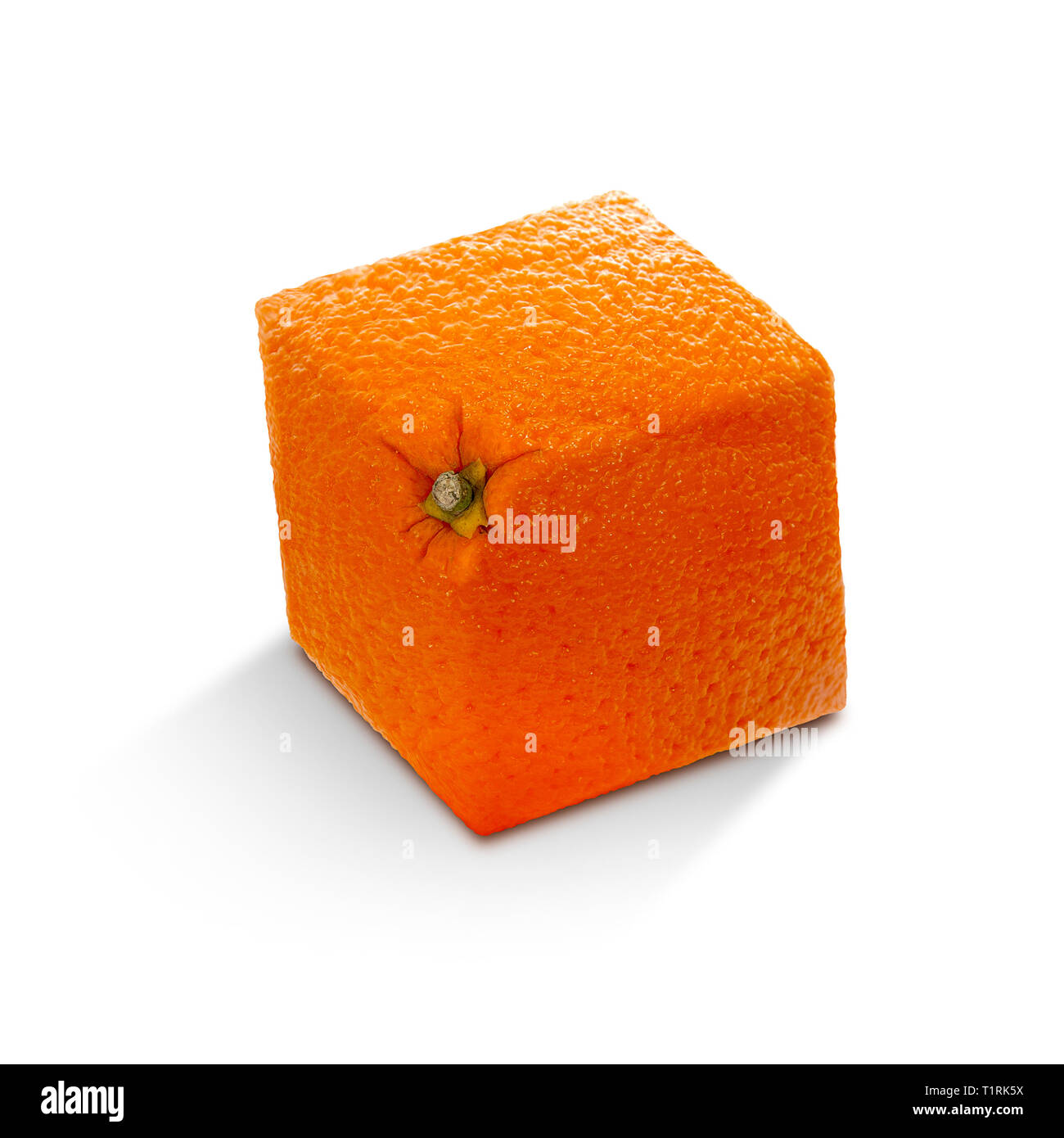 Angled bright ripe orange with a stalk on a white background and shadow ...
