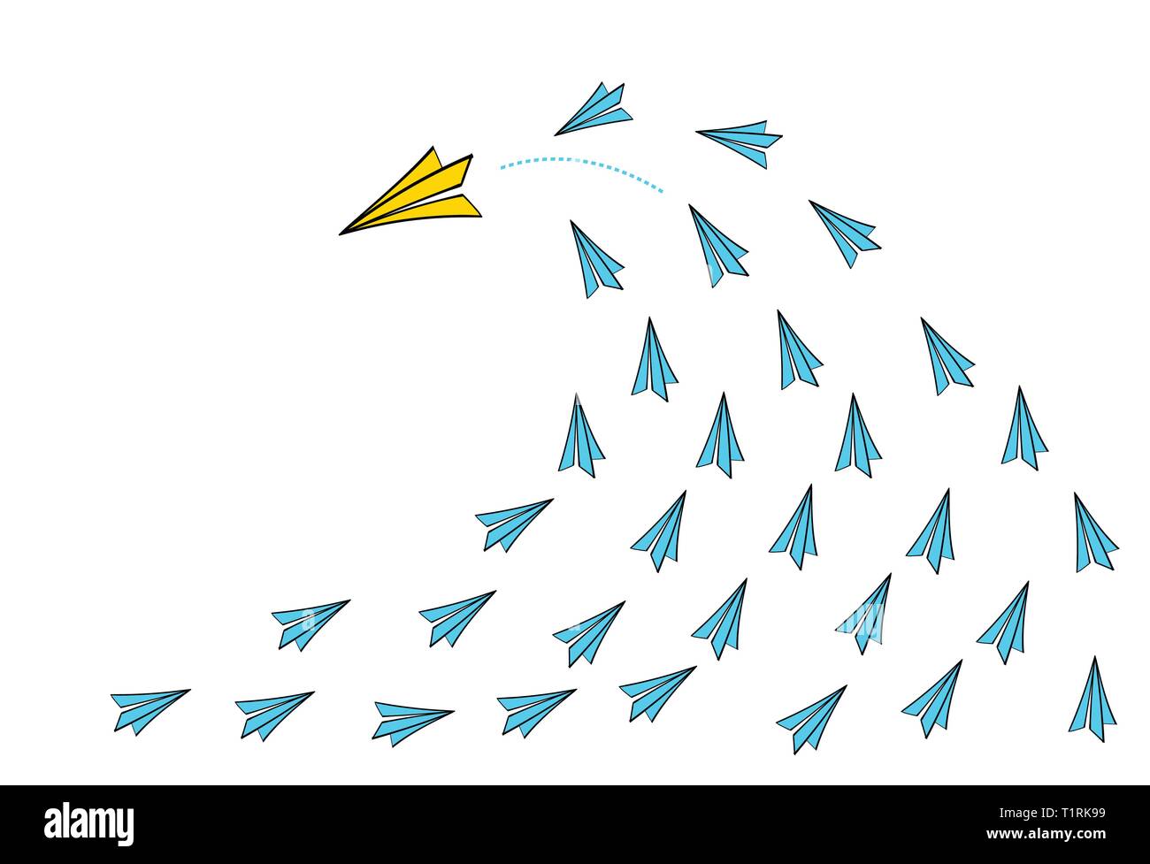 Leadership concept with Yellow paper plane leading among Blue paper ...