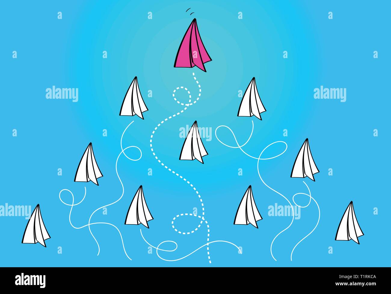 Leadership concept with red paper plane leading white paper planes on ...