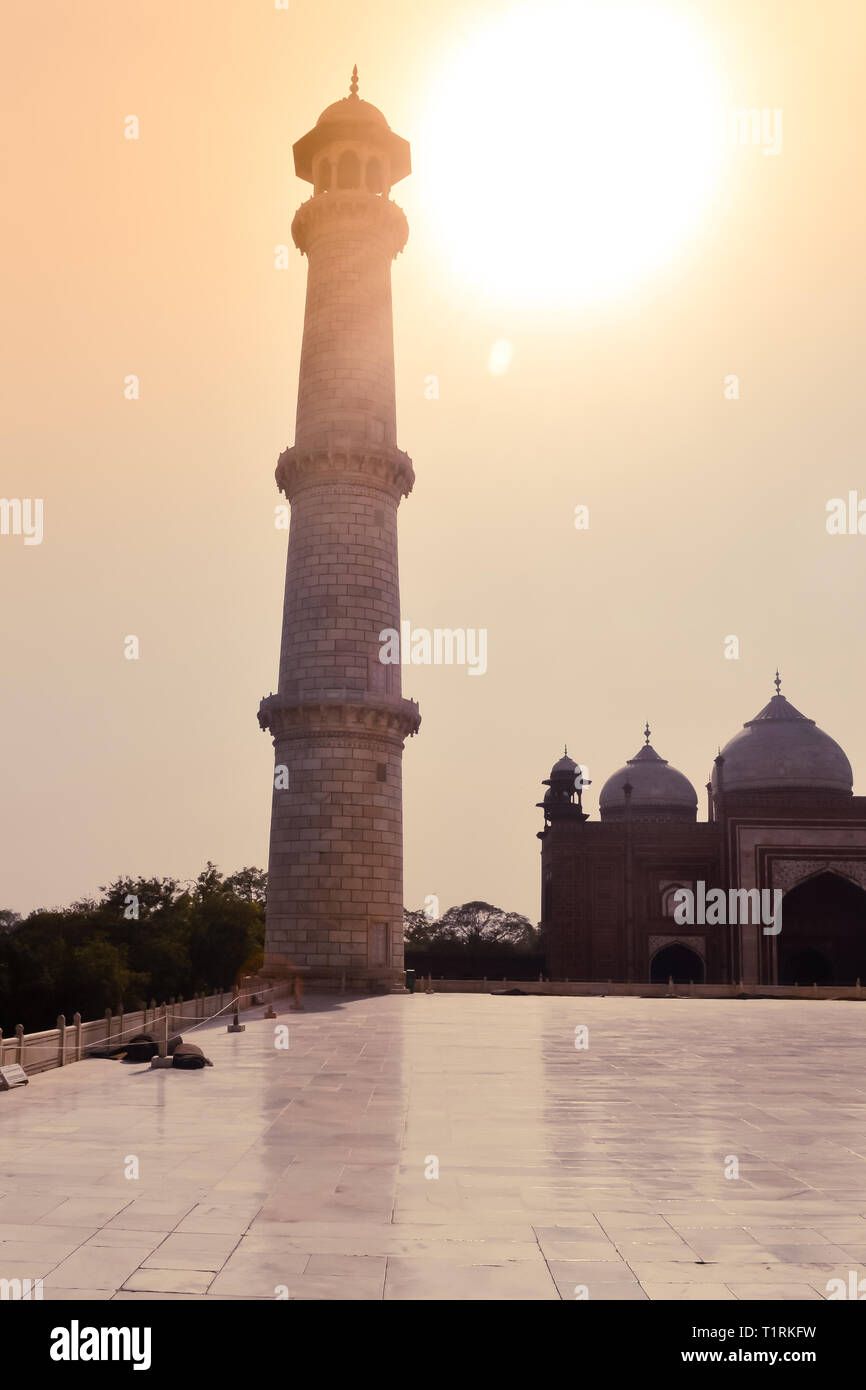 Taj Mahal, Agra, January 2019: One of the four pillars (minarets) of ...