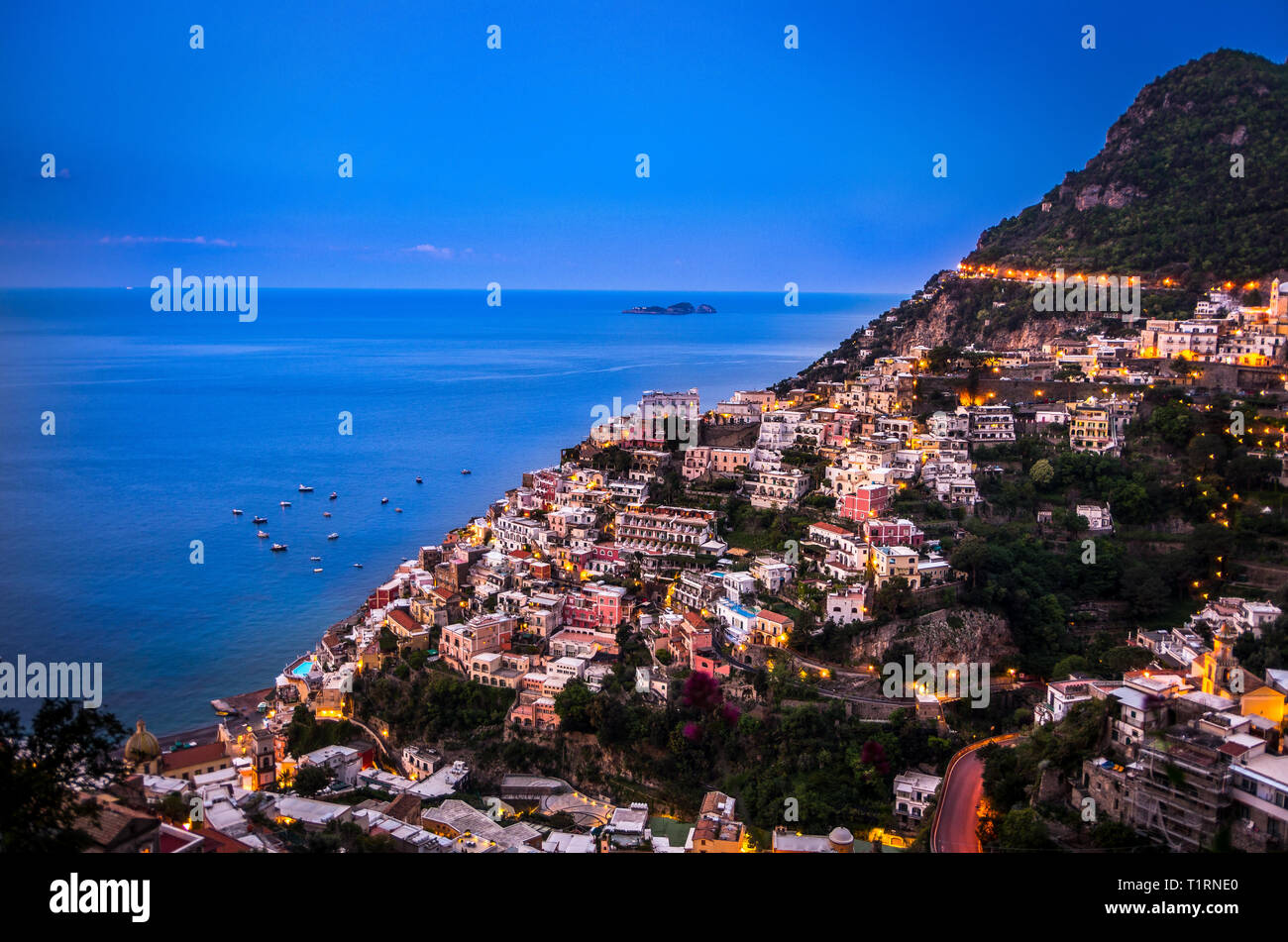 Panorama of Positano, Amalfi Coast during blue hour after sunset ...