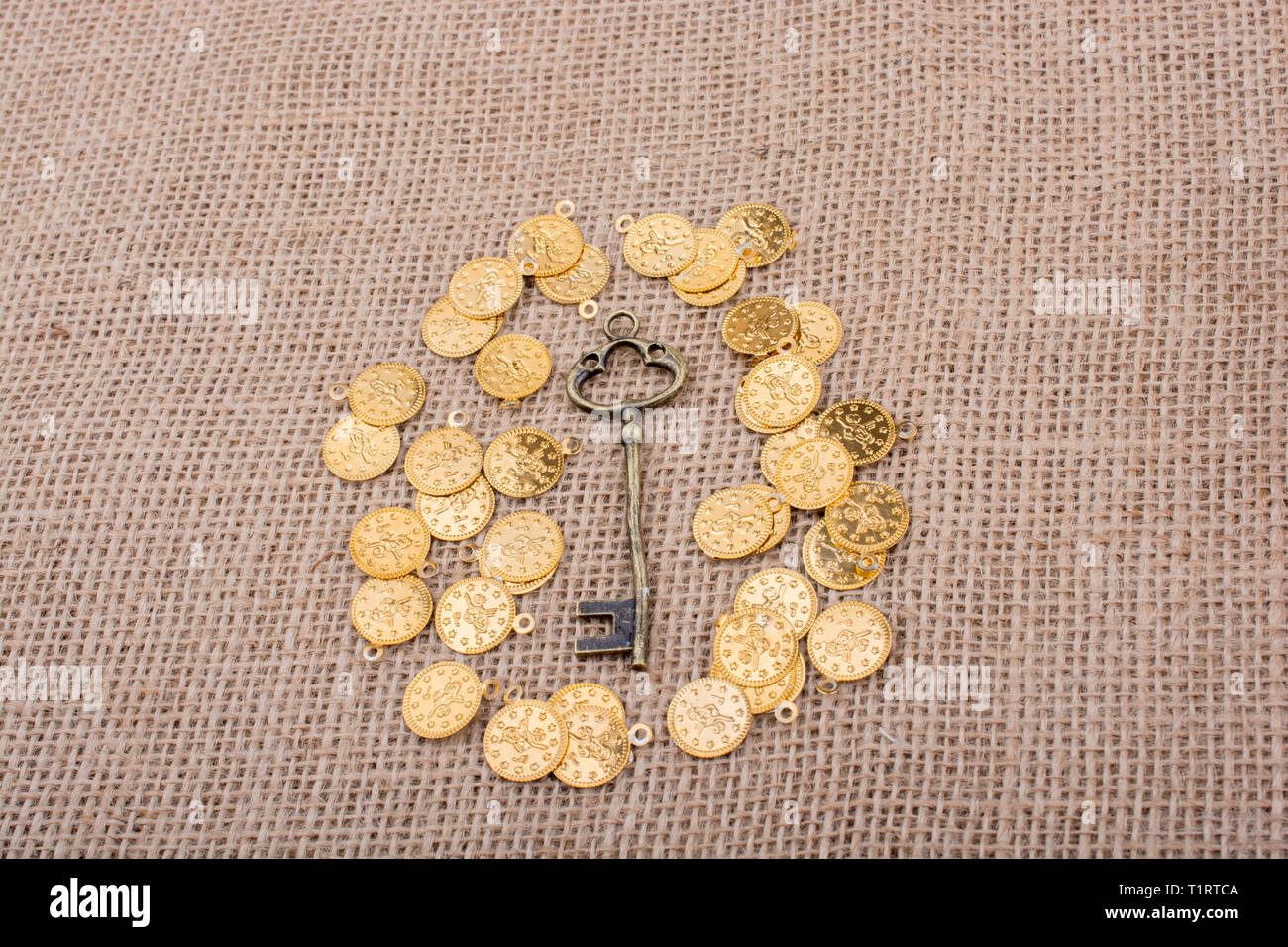 Hand holding a retro styled key over fake gold coins Stock Photo - Alamy