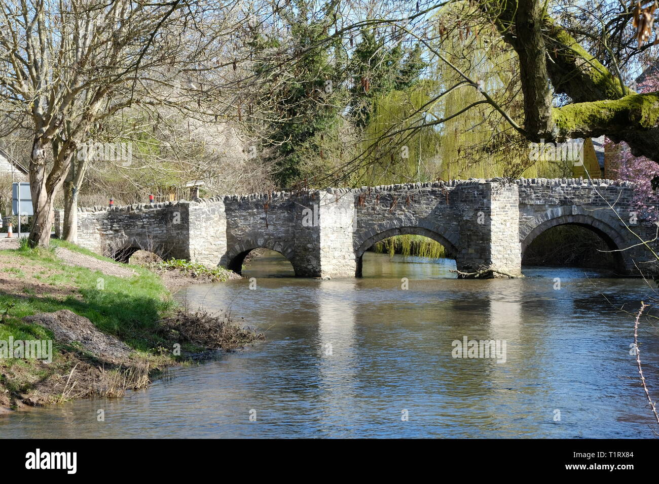 Ancient, Stone Bridge, Modern, Foot Bridge, River Clun, Shropshire ...