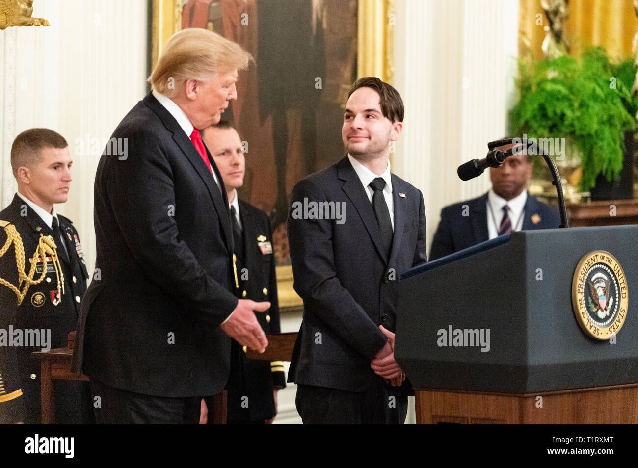 President Donald Trump and Trevor Oliver seen during the Medal of ...
