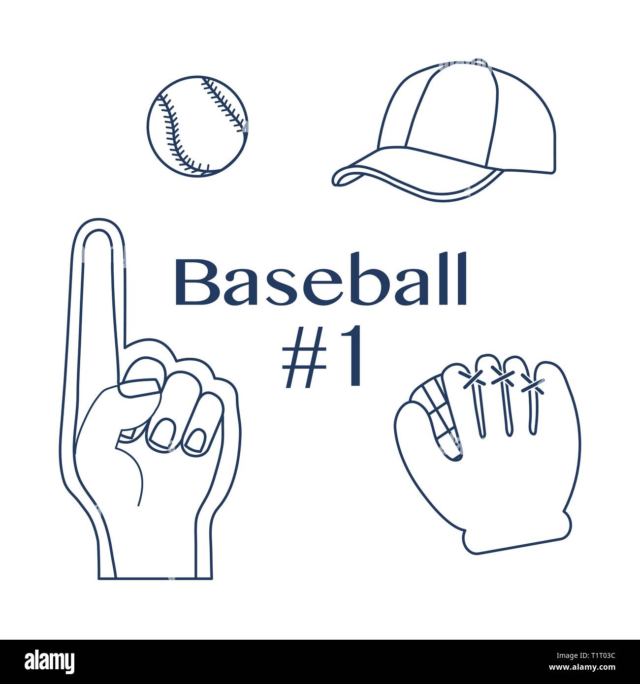Vector illustration with baseball foam finger, ball, cap, glove. Sports ...