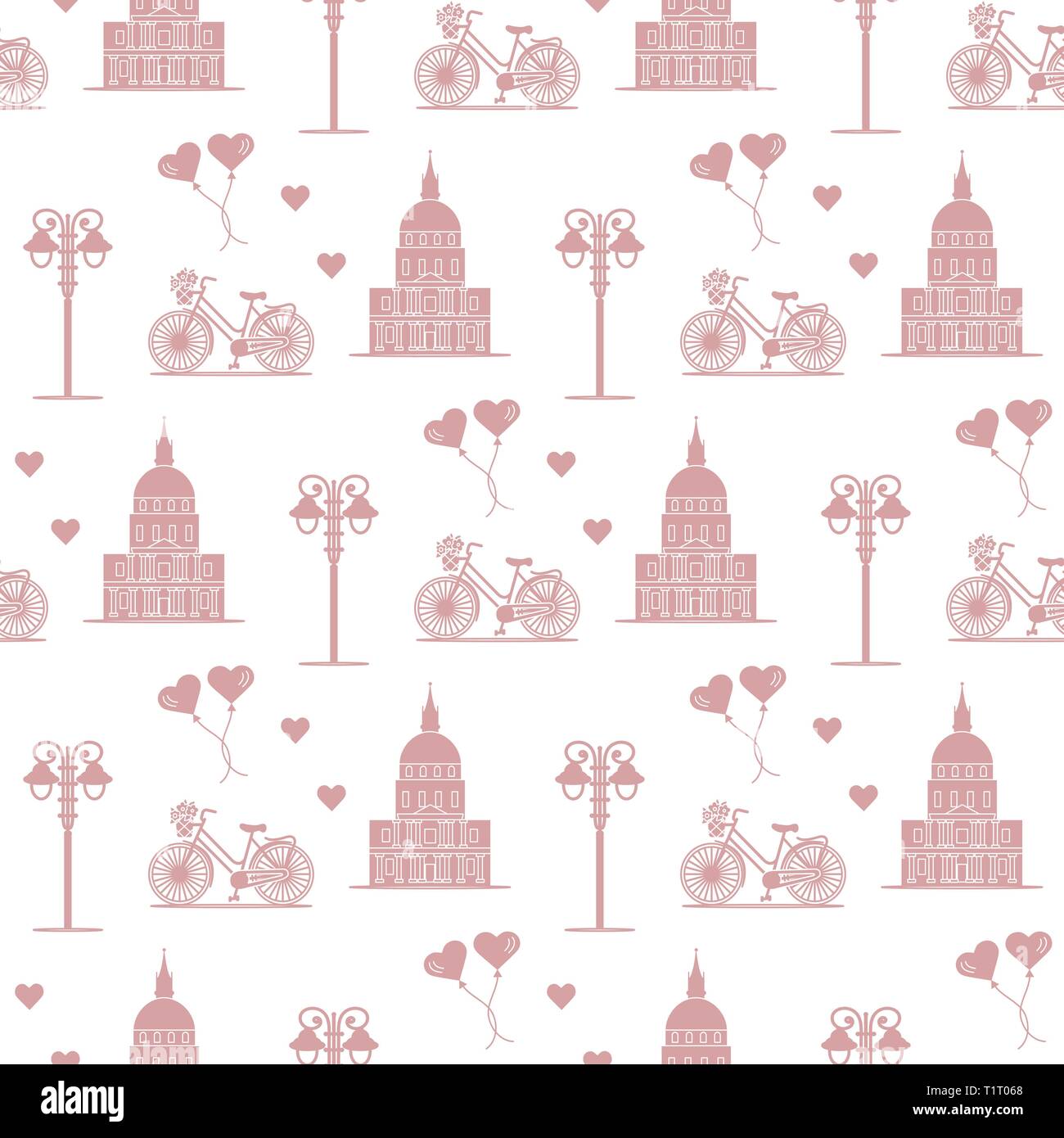 Seamless pattern with famous building, bicycle, lantern, balloons ...