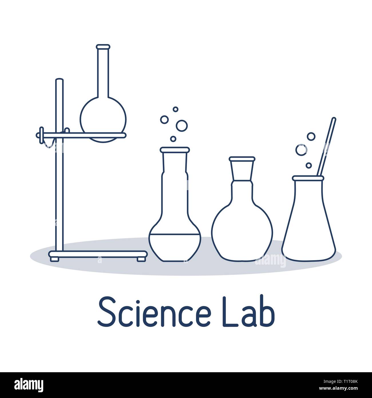 Vector science illustration with flasks, equipment stand. Laboratory ...