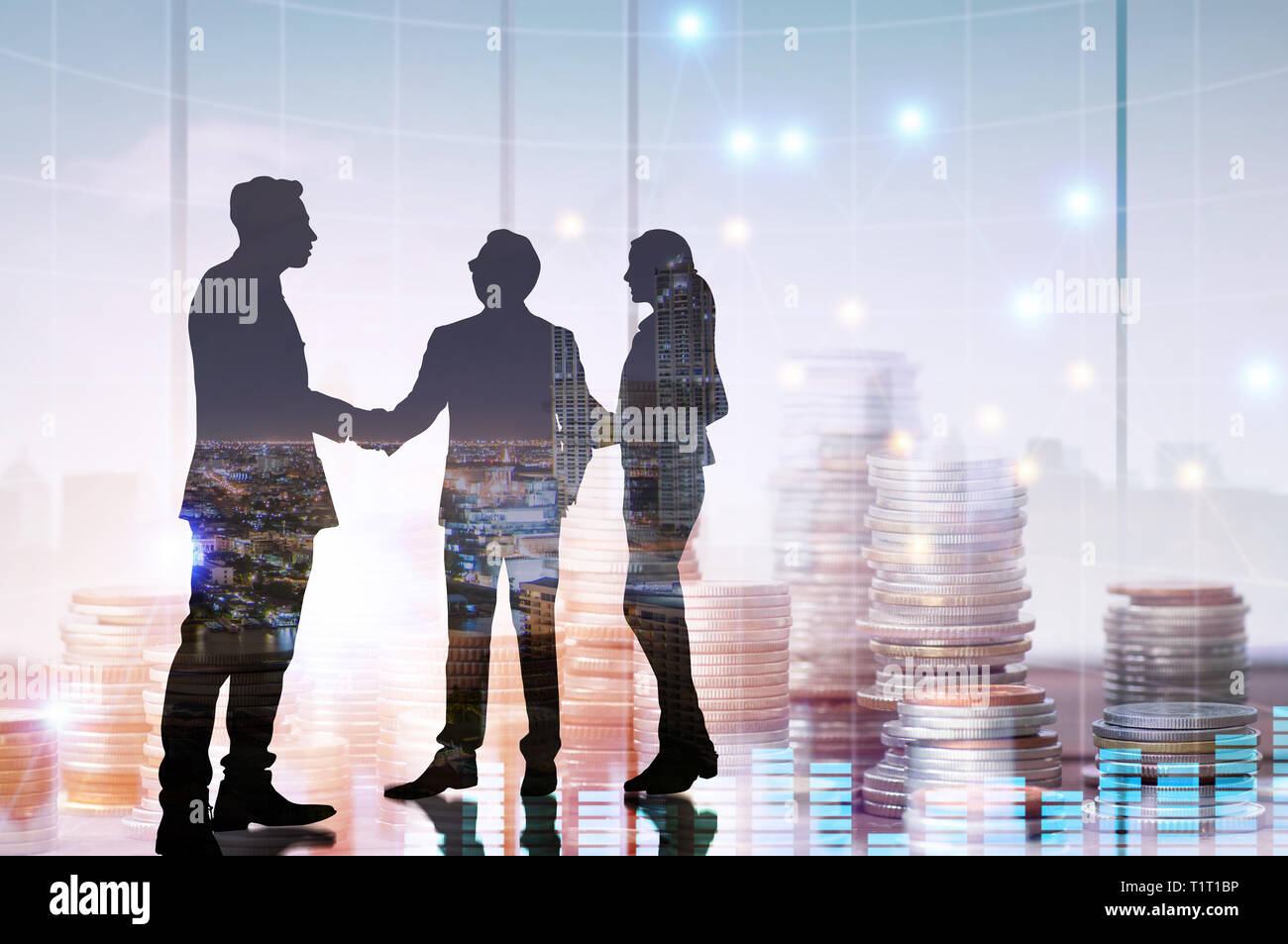 silhouette business people shake hands and negotiate of investor in ...