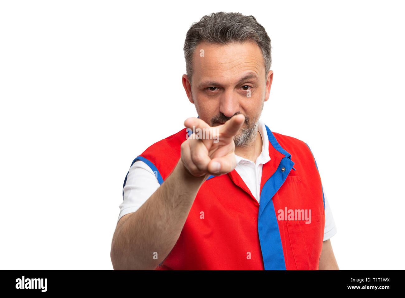 Hypermarket or supermarket male employee with mad expression pointing ...