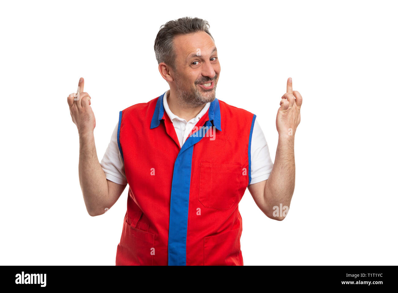 Friendly hypermarket or supermarket male employee joking as showing ...