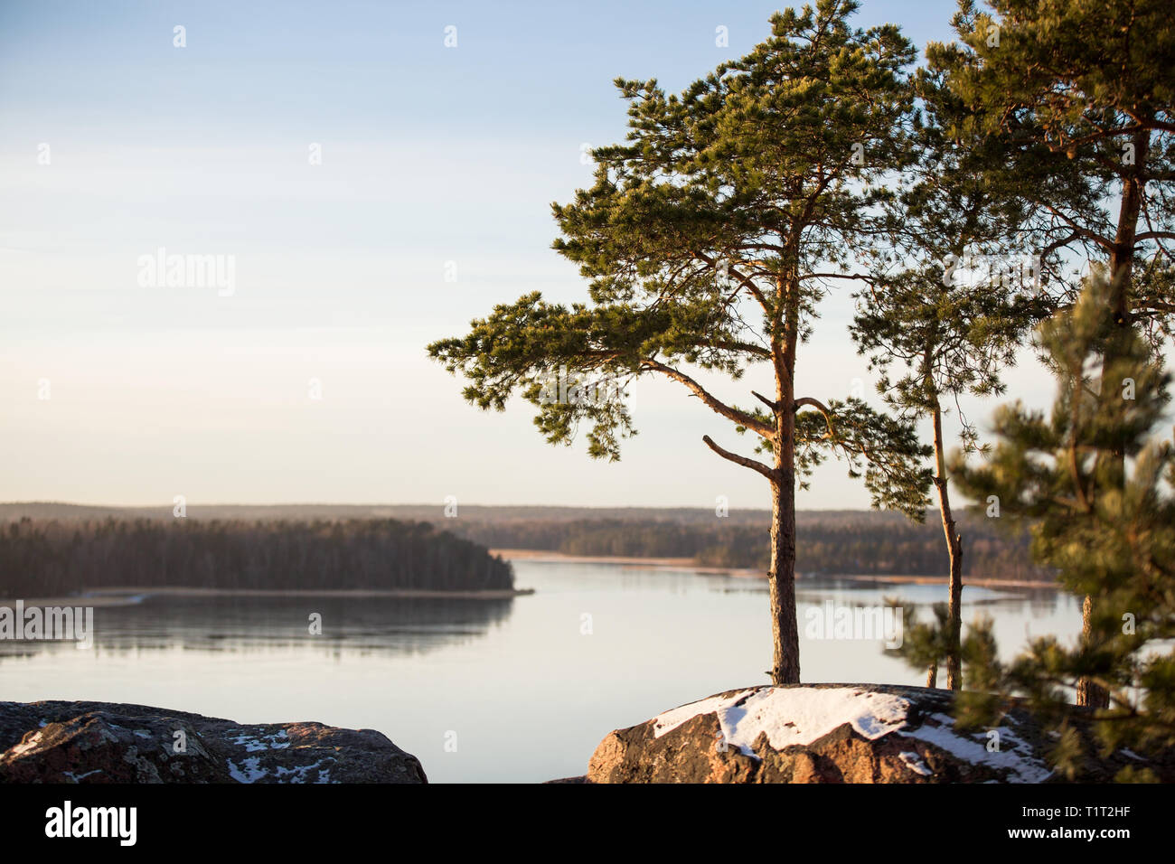 Finland, Helsinki, late autumn. Baltic sea, bay. Still water of the ...