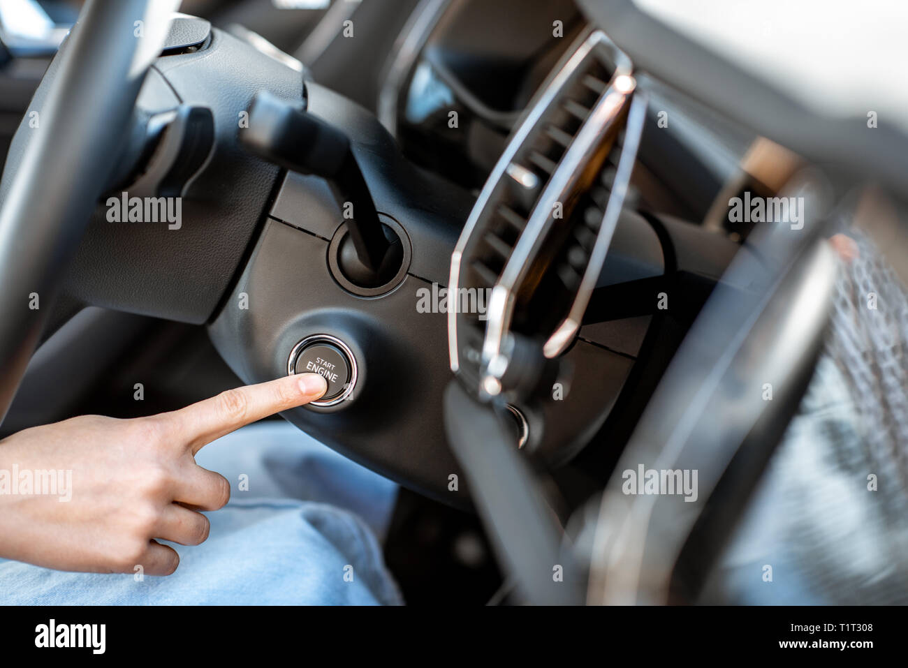 Woman starting car engine with button, close-up view. Concept of ...