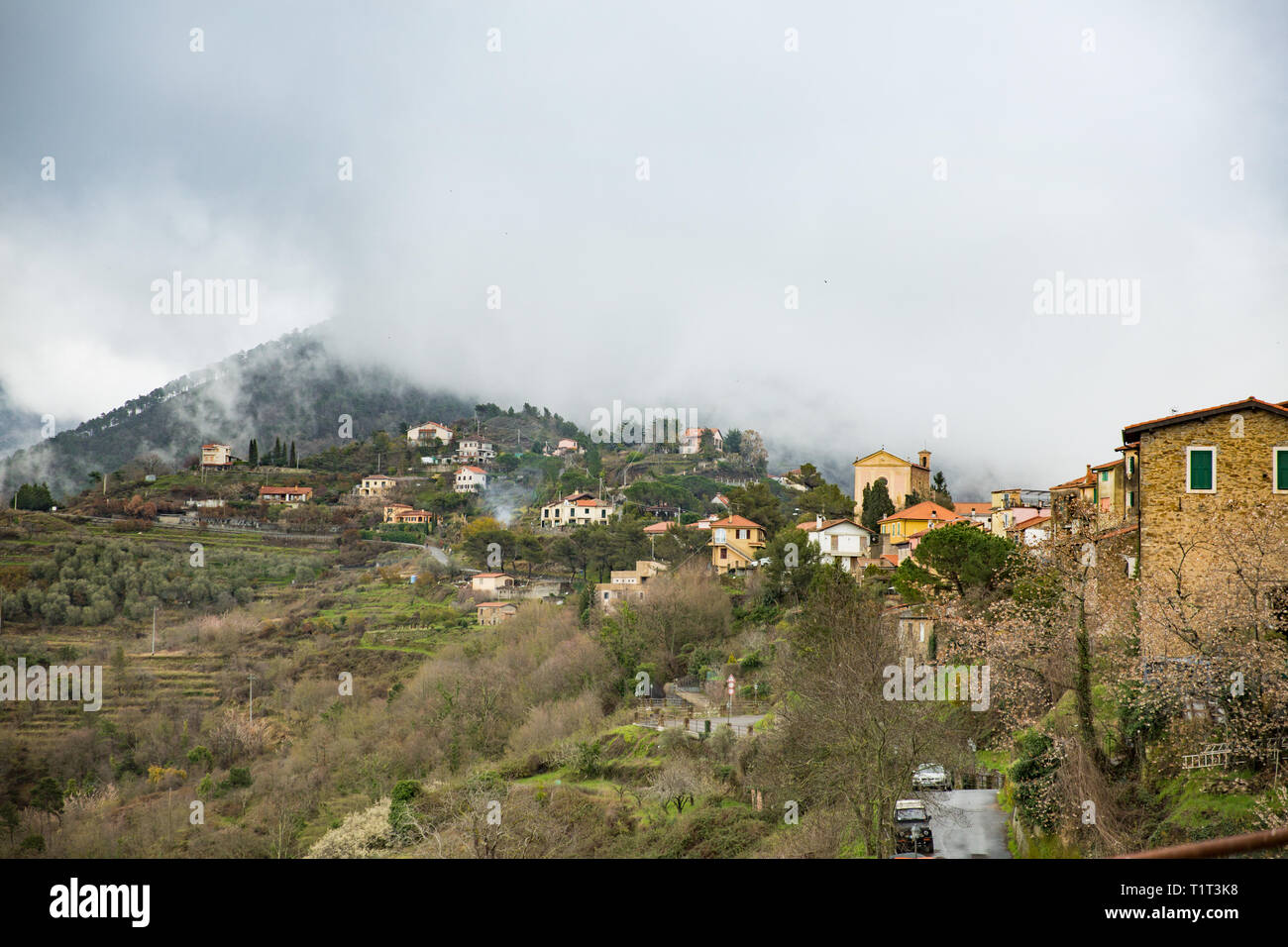 Panoramic top view of Alps mountains in fog and clouds, valley in ...