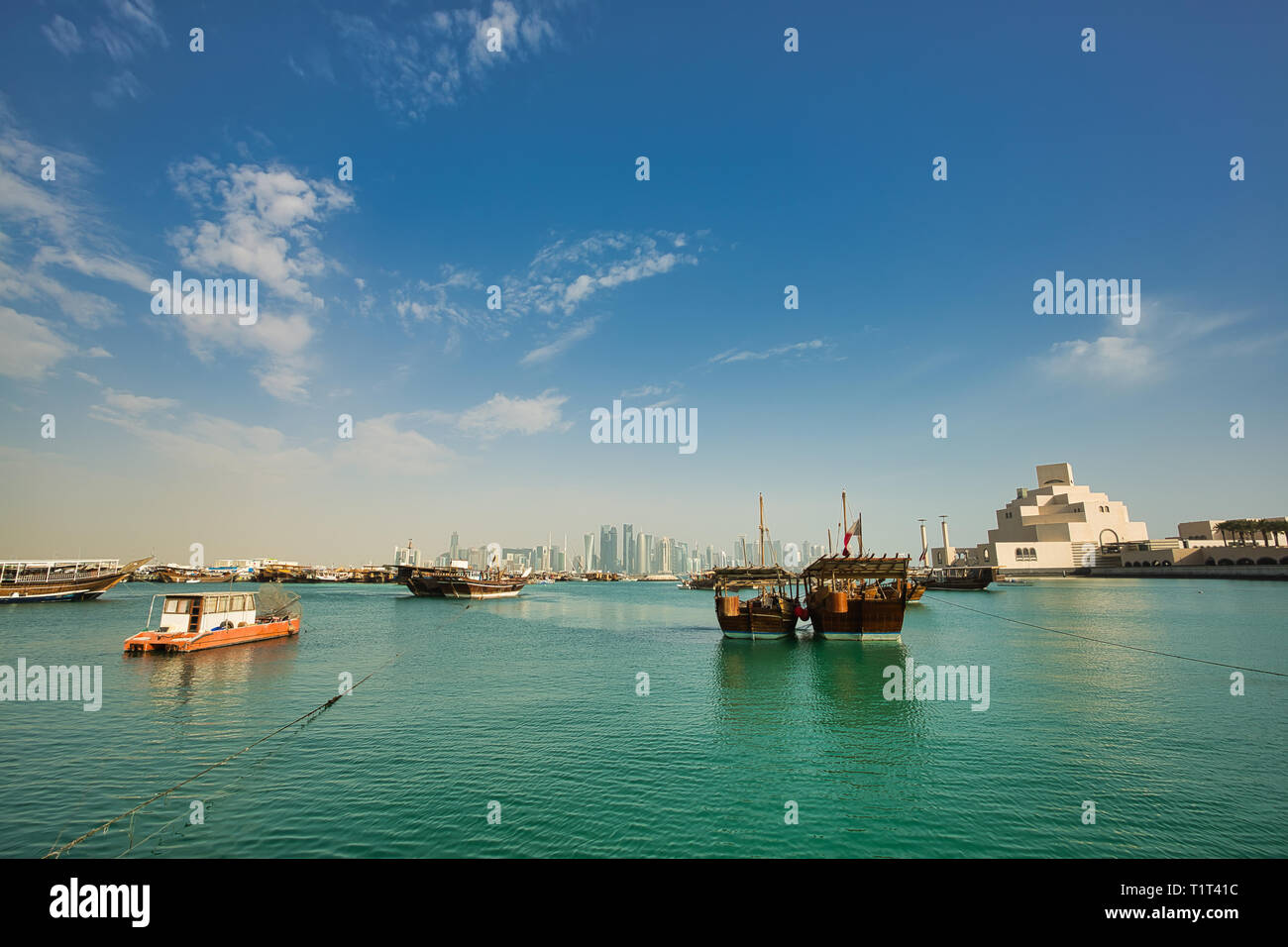 View to the bay of Doha and the Museum of islamic Art from the Dhow ...
