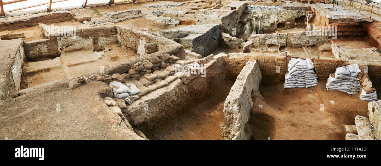 Neolithic wall remains of mud brick houses walls of the north ecavation ...