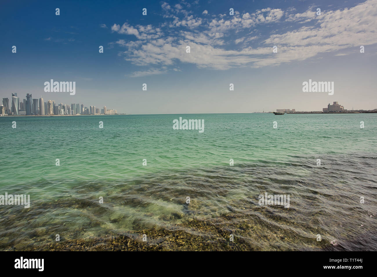 View to the bay of Doha and Museum of Islamic Art from Dhow harbor ...