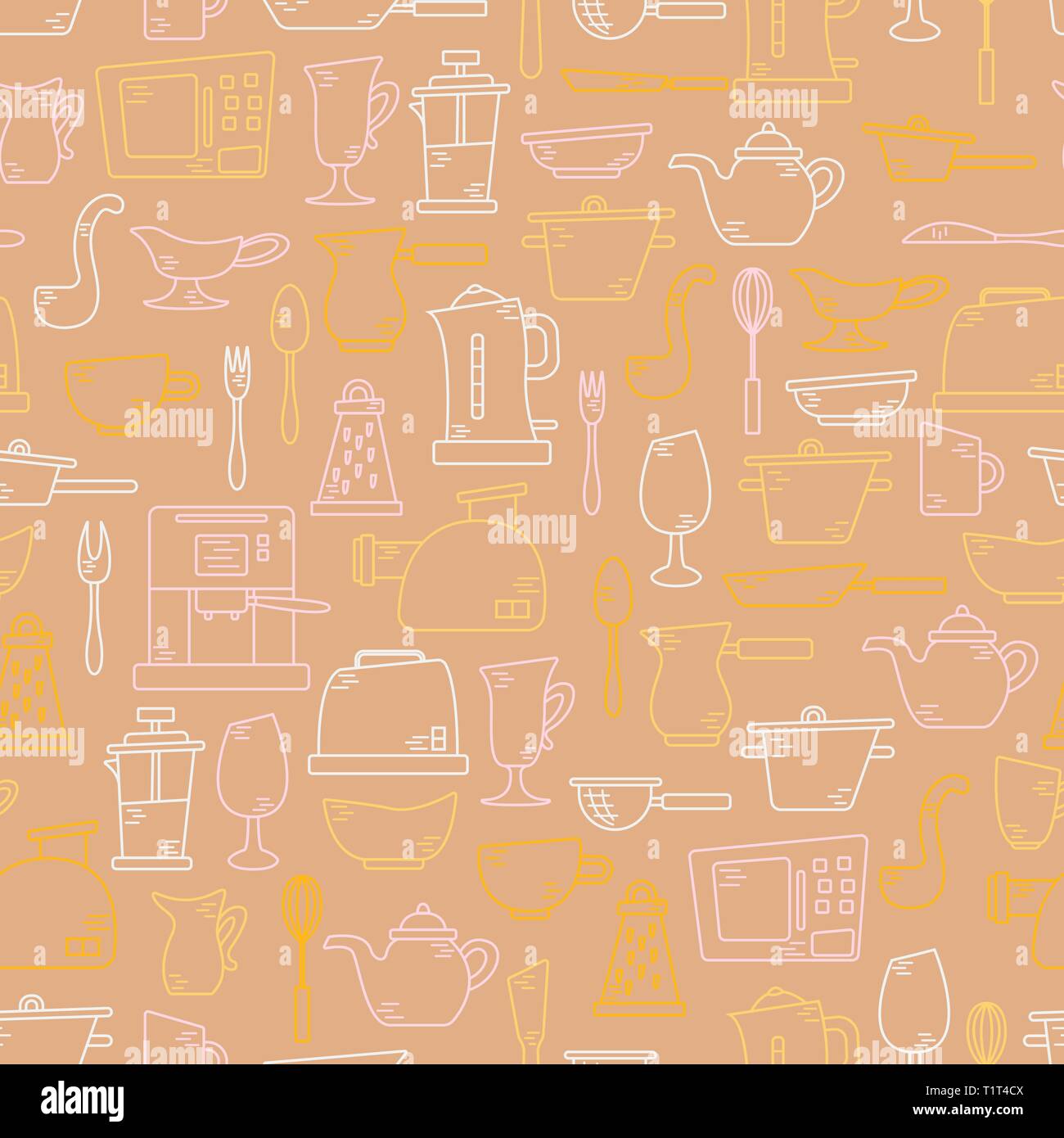 Seamless pattern with kitchen appliances in lines. Background for ...