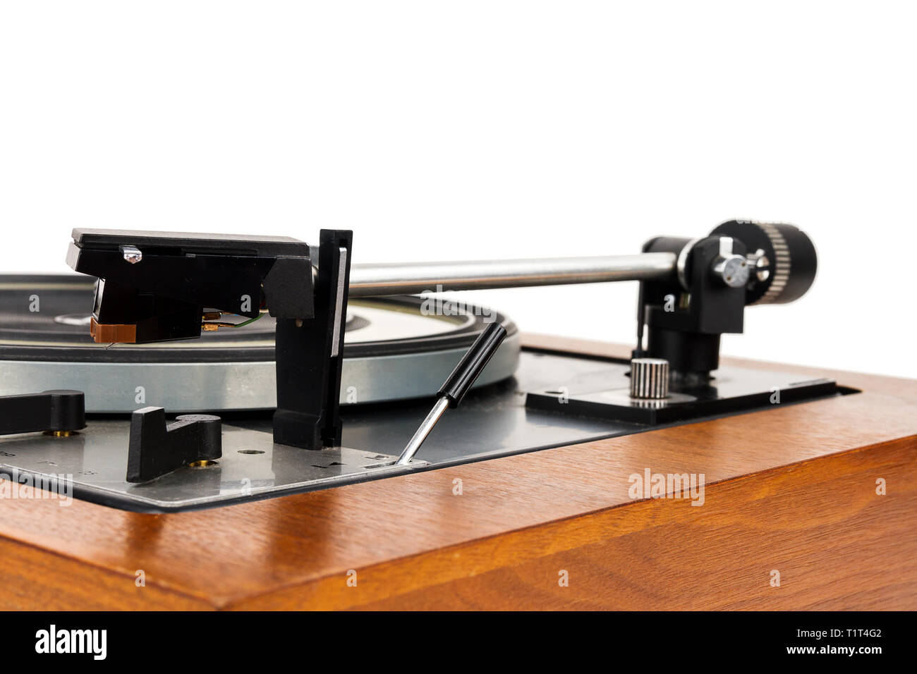 Close up of vintage turntable vinyl record player isolated on white ...