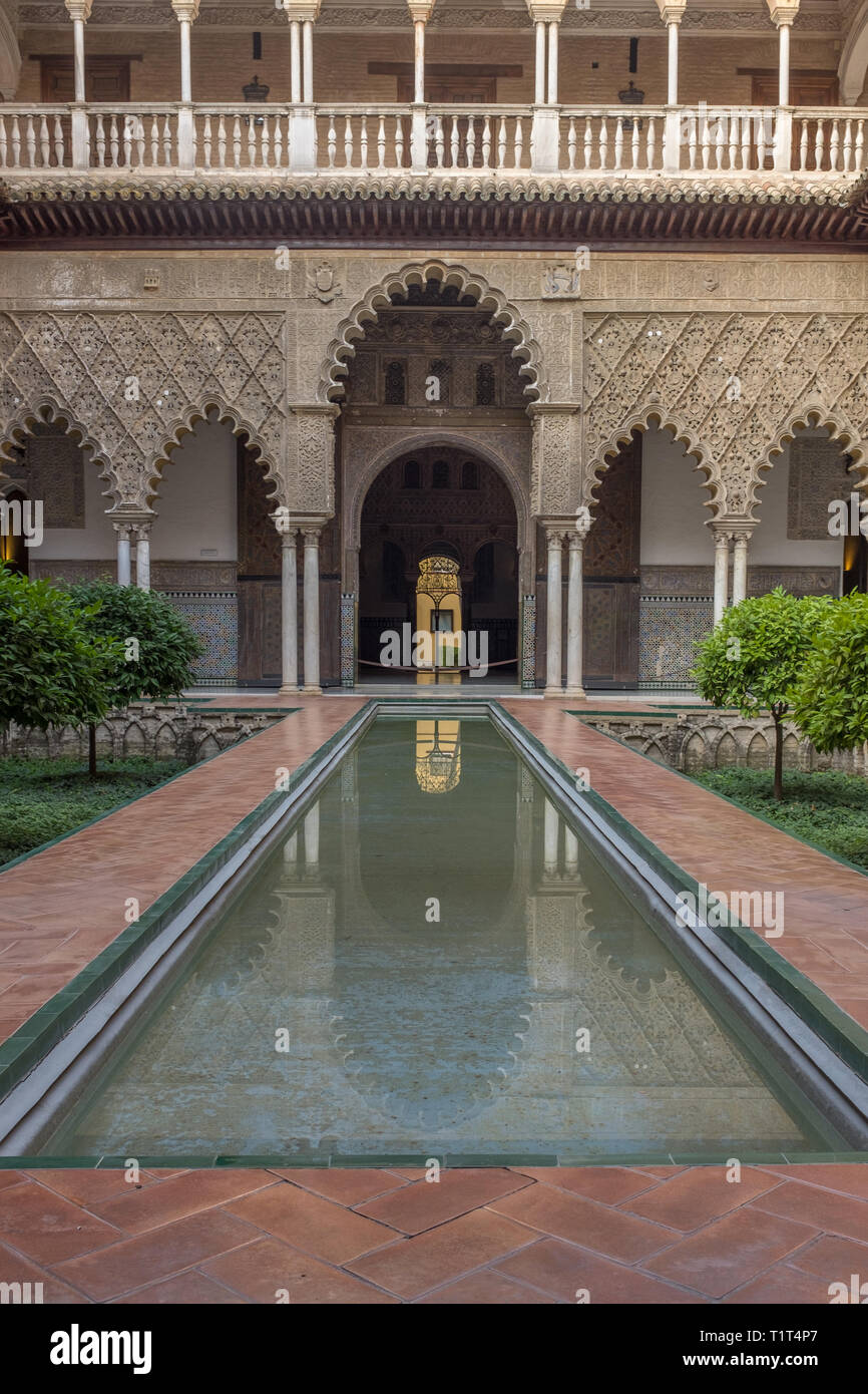 Looking down of the ornamental ponds inside the Royal Alcazar Complex ...