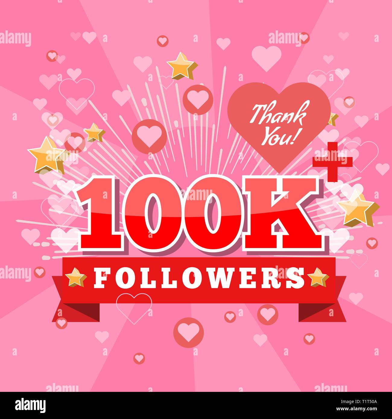 100K Followers and thank you banner background with heart bubble icons ...