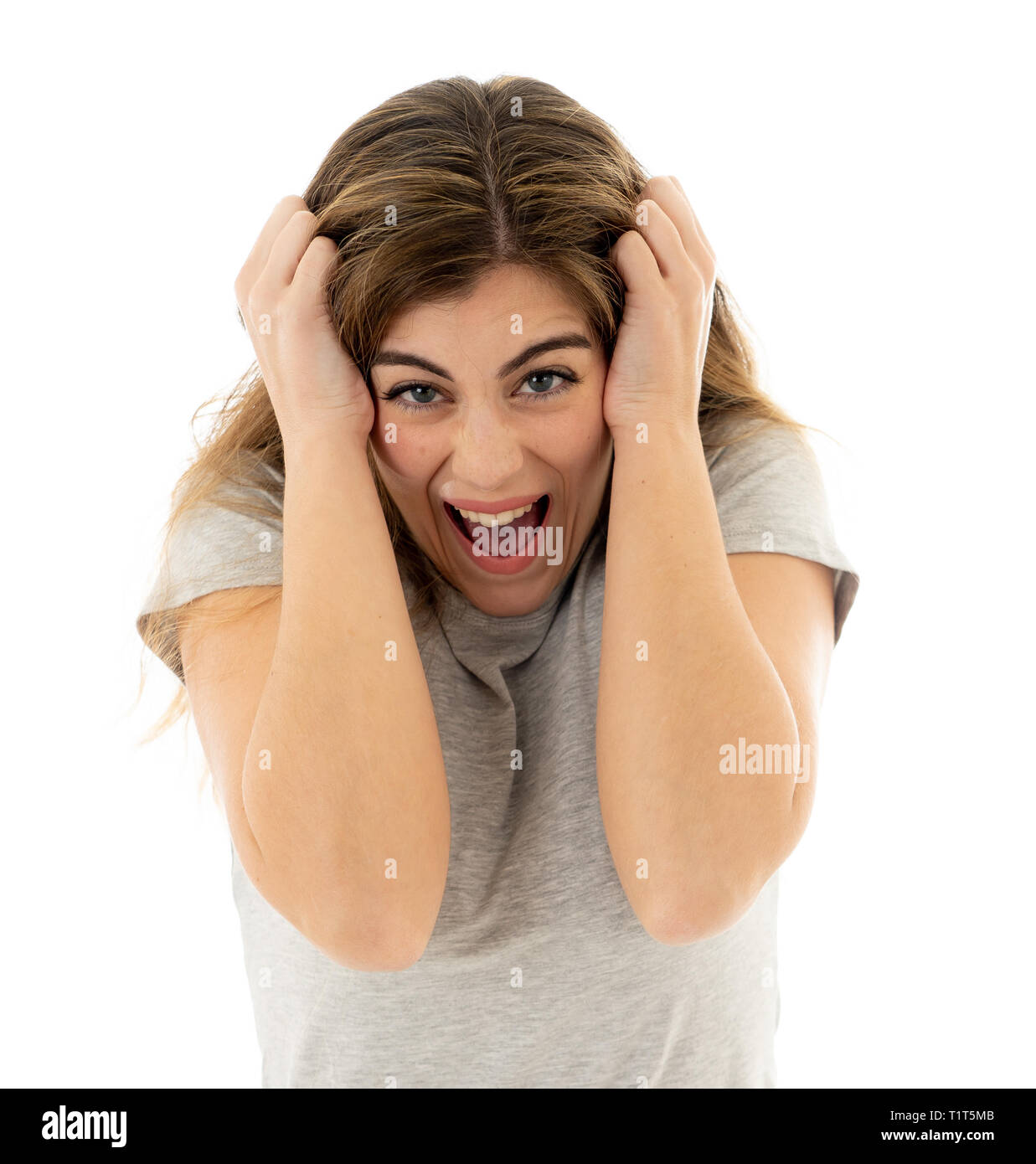 Portrait of beautiful shocked woman winning the lottery or having great ...