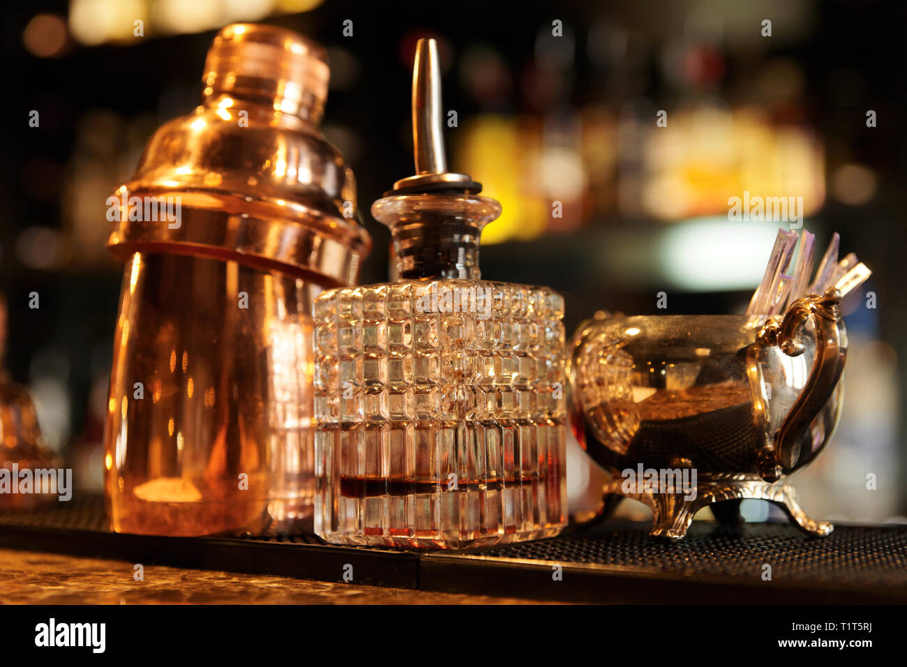 Bartender tools on bar counter, warm light, retro style photo Stock ...