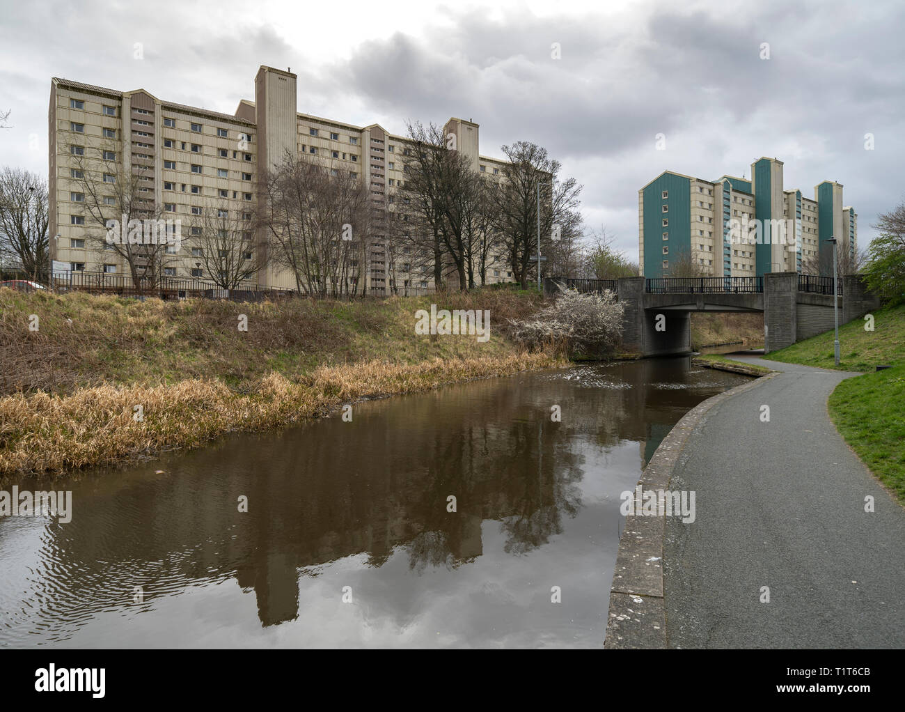High rise apartment blocks beside the Union Canal in Wester Hailes ...