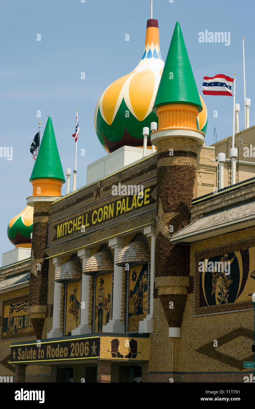 The Corn Palace, a major tourist attraction, is faced with designs made ...