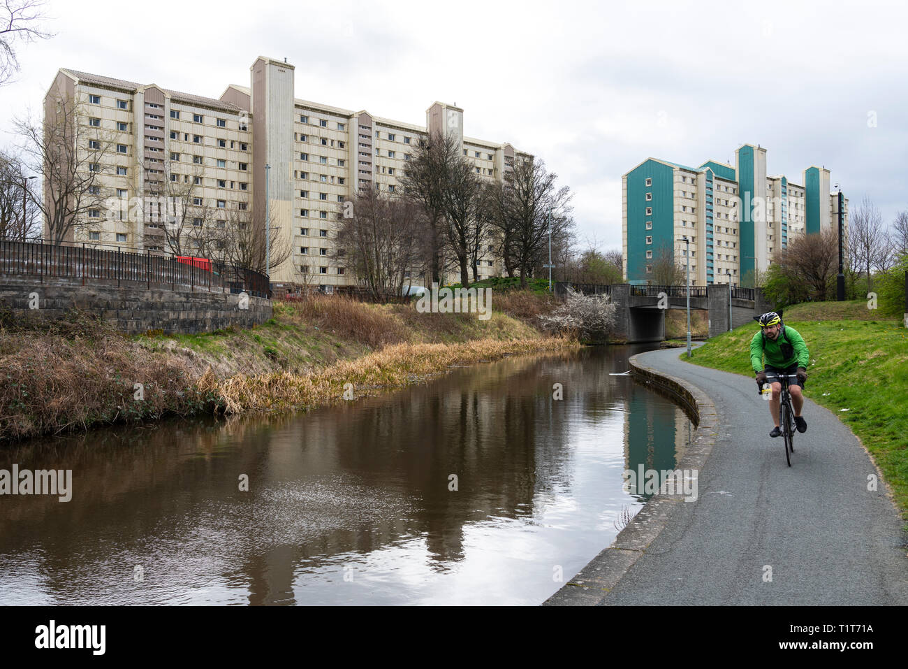 High rise apartment blocks beside the Union Canal in Wester Hailes ...