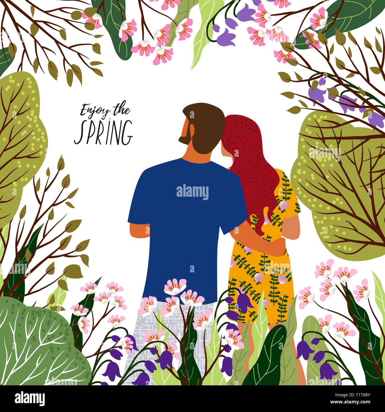 Enjoy the spring. Young couple, flowers, trees in a trendy flat cute ...