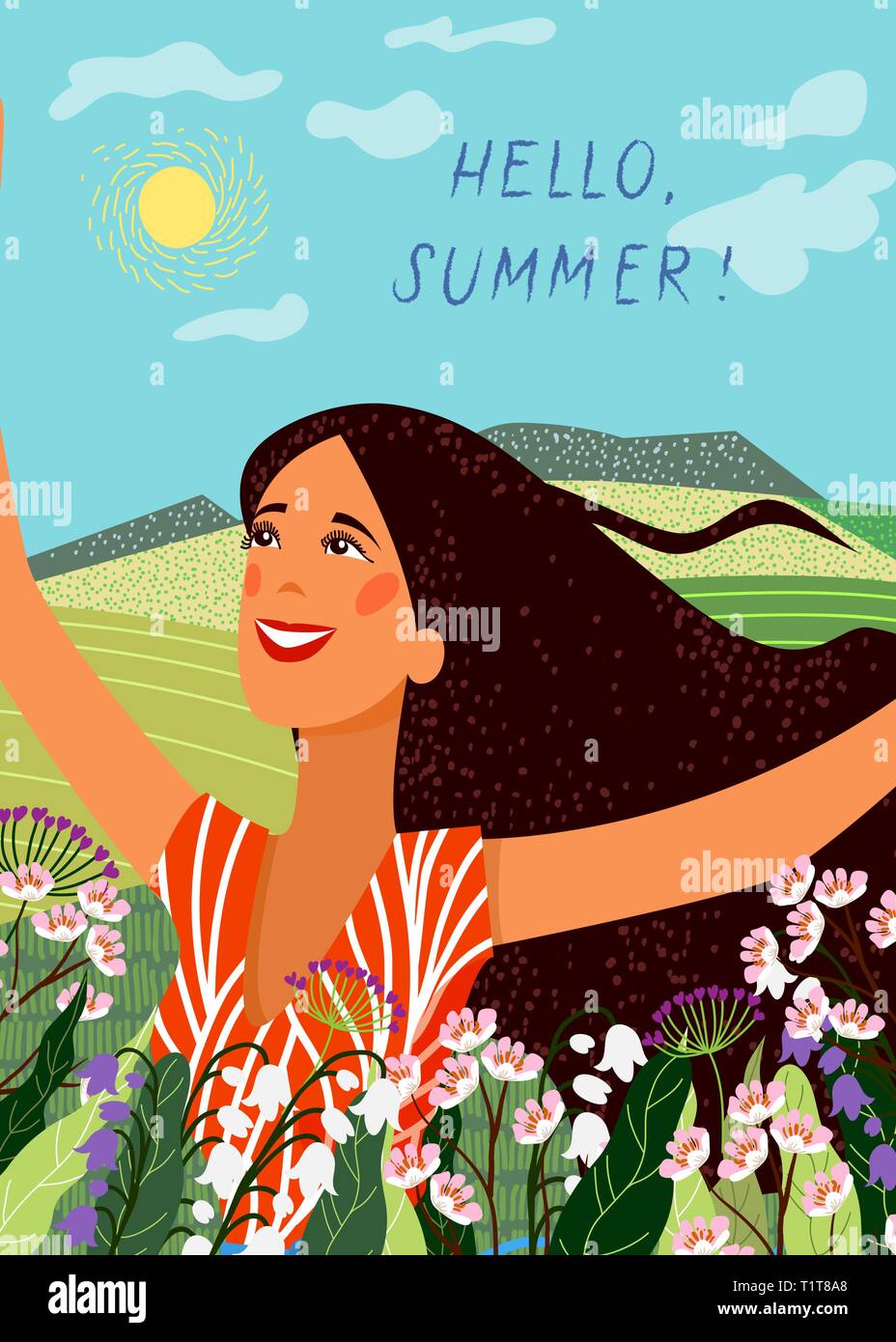 Hello summer. Happy joyful face girl on the background of fields and ...
