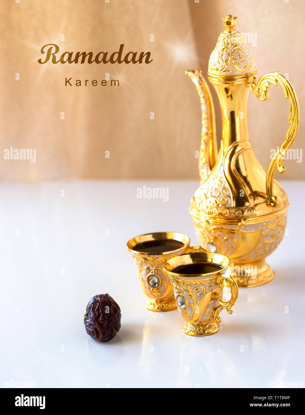 Still life with traditional golden arabic coffee set with dallah and ...