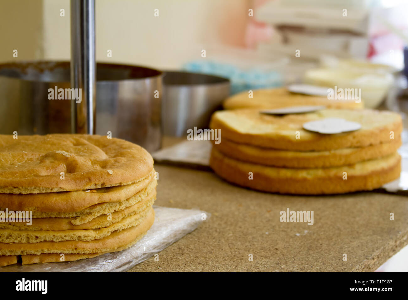 The process of making cakes, baking cakes, preparing to assemble the ...