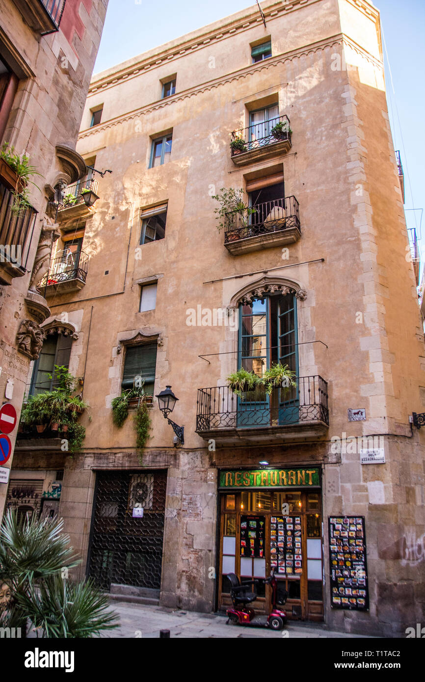 A building made of brick with many windows; Barcelona, Spain Stock ...