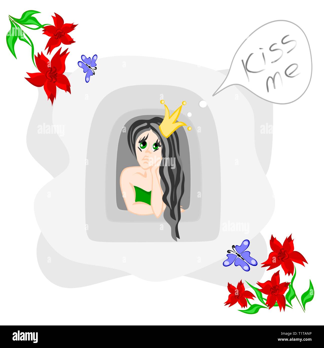 A sad green-eyed princess in a crown looks out the window of her tower ...