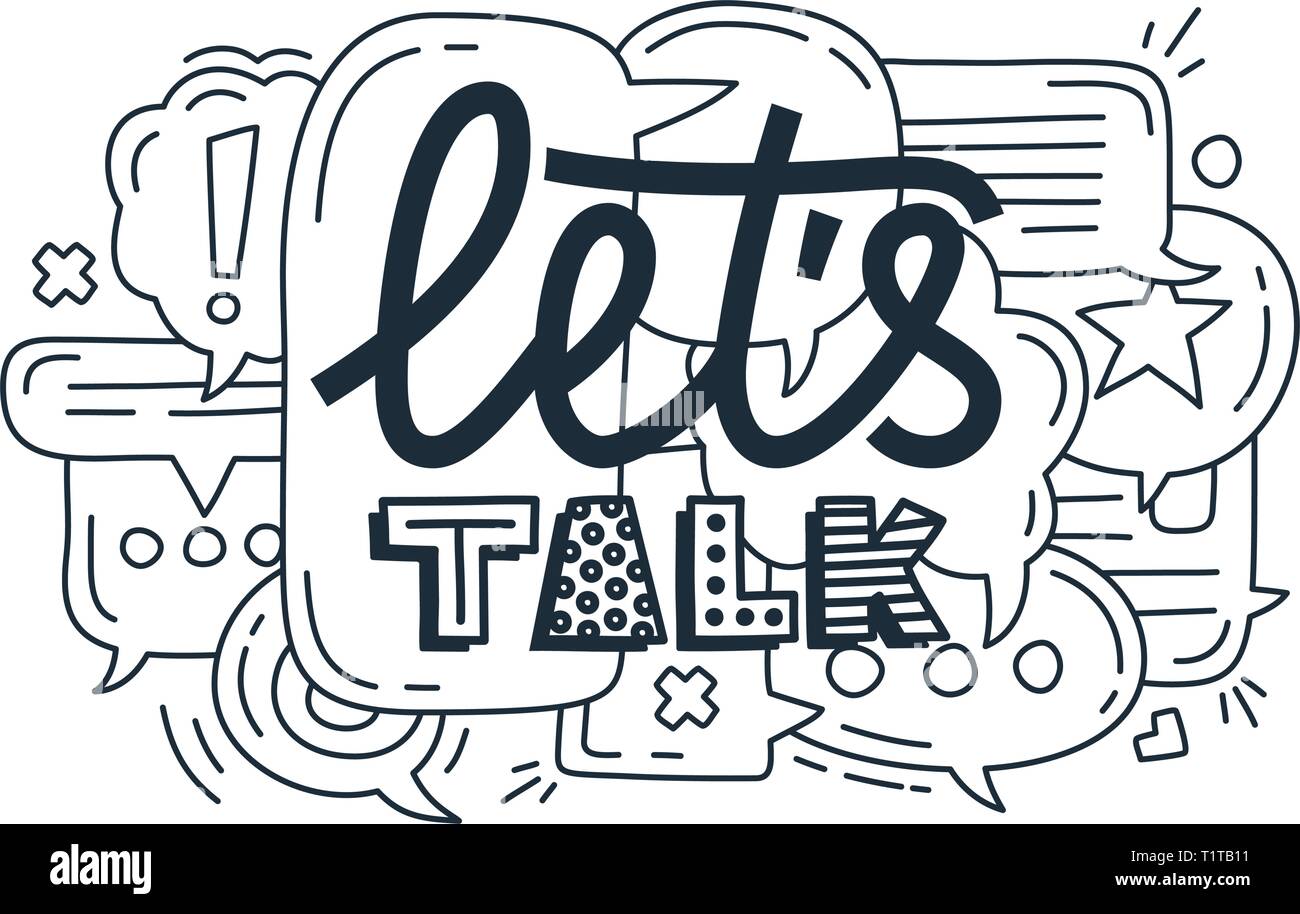 Doodle illustration of colorful dialog speech bubbles with icons and ...
