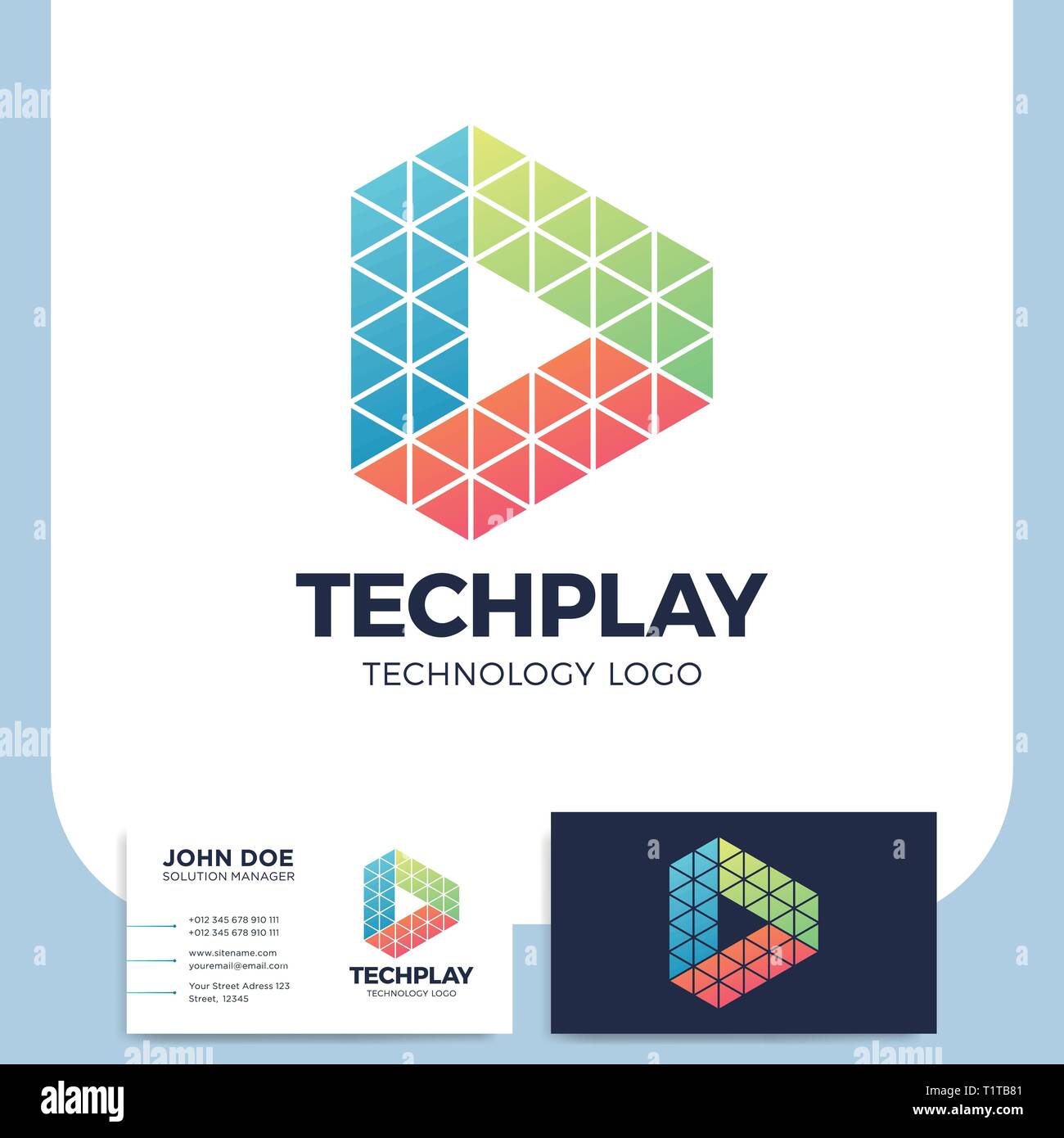 Multicolor triangle shape media play button logo or symbol in polygonal ...
