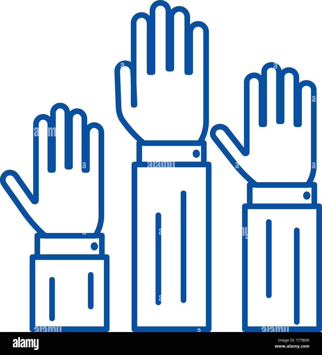 Rights,three hands up line icon concept. Rights,three hands up flat ...