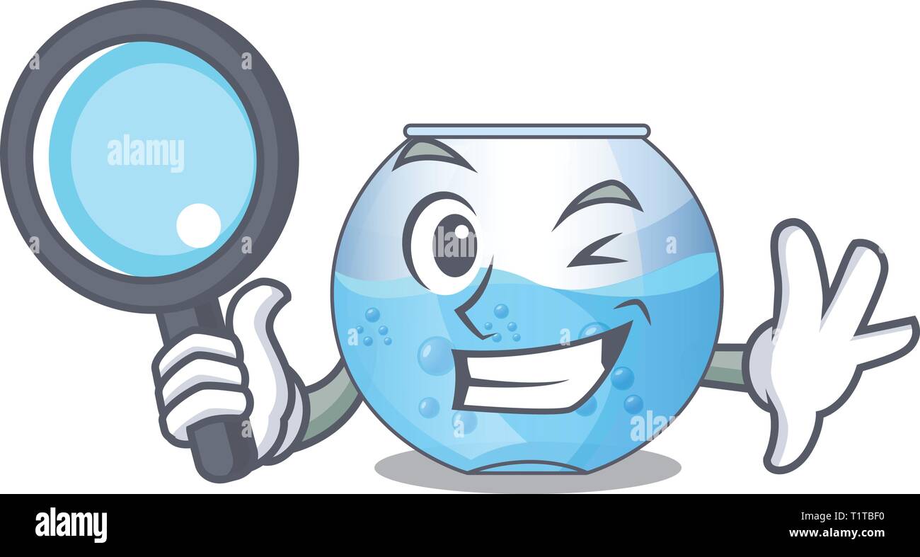 Detective bowl cartoon aquarium above wooden table vector illustration ...
