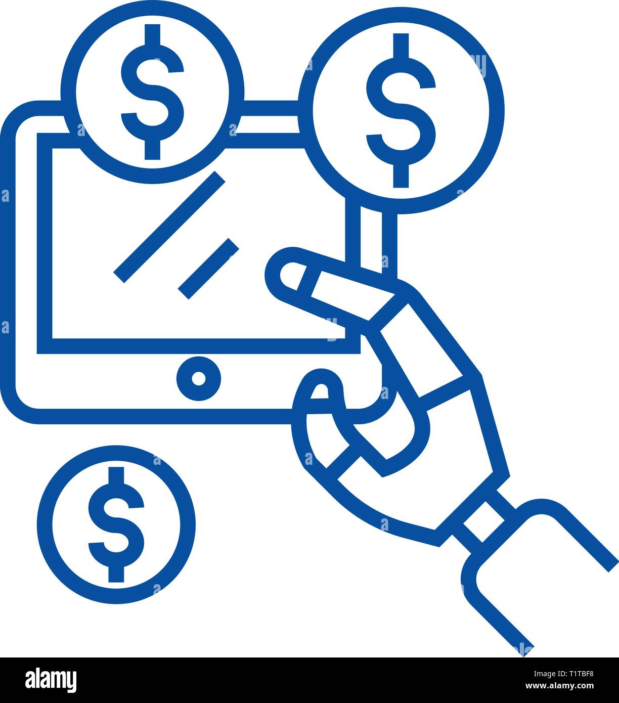 Robot hand, tablet with money, a line icon concept. Robot hand, tablet ...