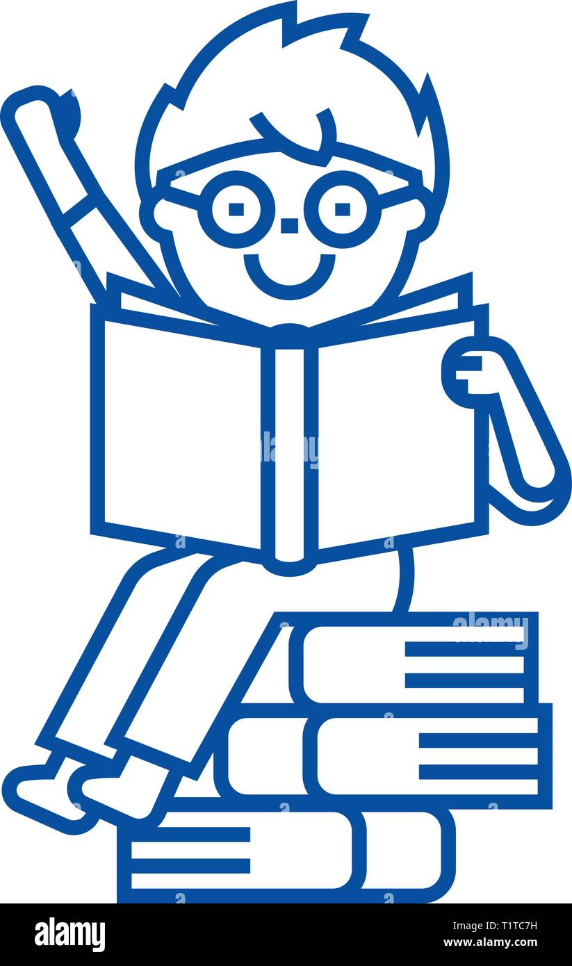 Sitting boy reads book line icon concept. Sitting boy reads book flat ...