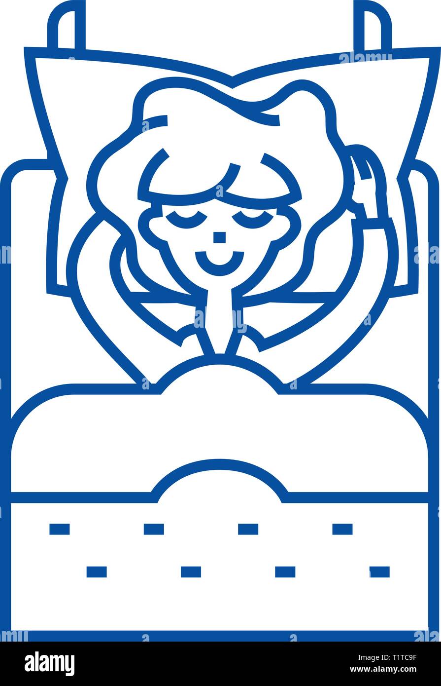 Sleeping woman in bed line icon concept. Sleeping woman in bed flat ...