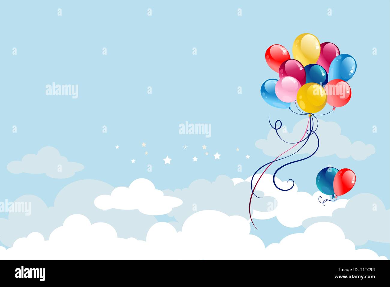 Festive balloons on blue sky. Holiday cartoon illustration with place ...