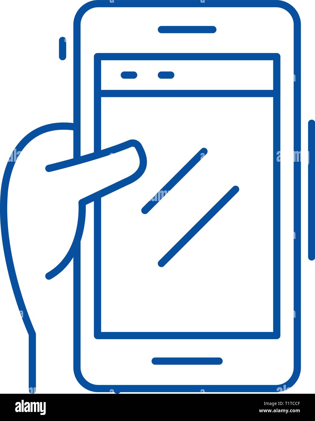 Smartphone in hand line icon concept. Smartphone in hand flat vector ...