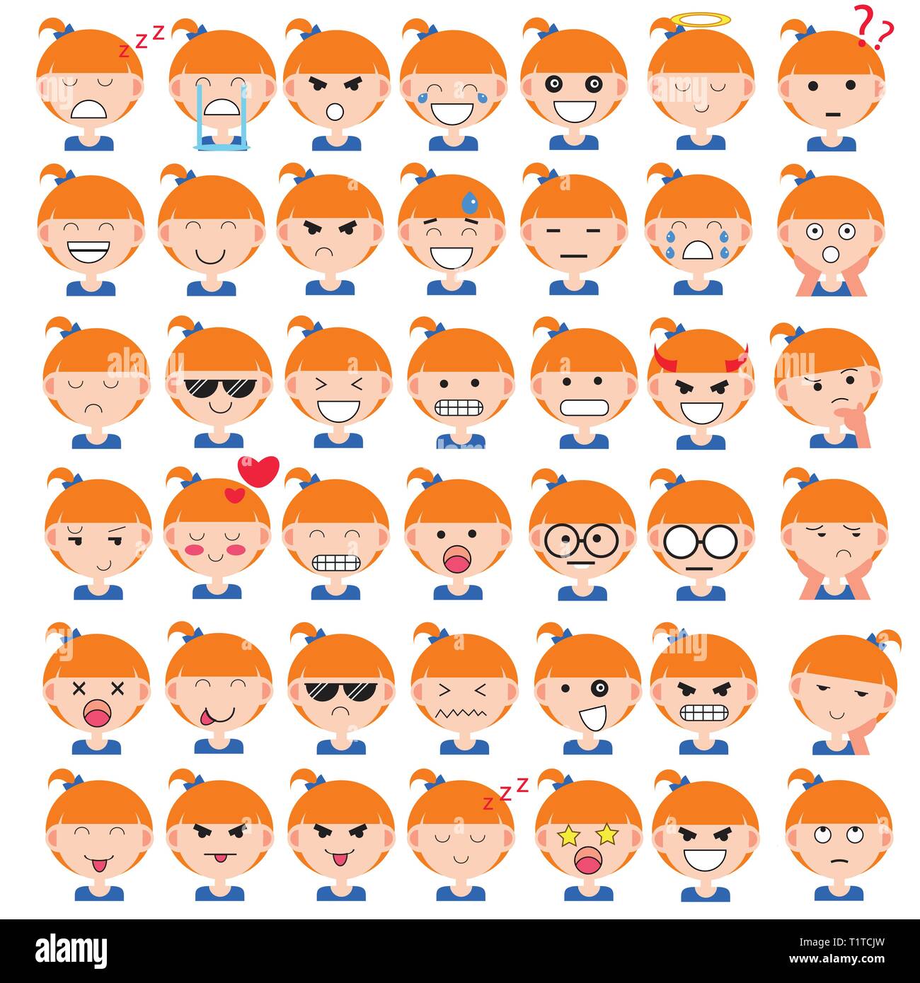 Illustration of cute girl faces showing different emotions. Joy ...